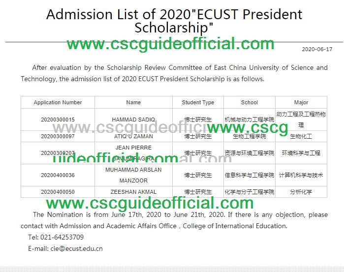 ecust university president scholarship results 2020
